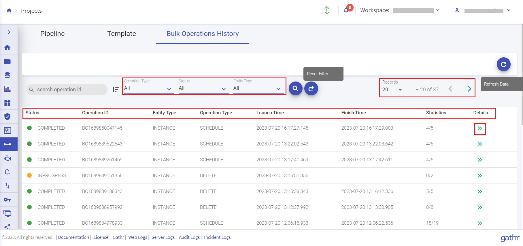 Bulk Operations History - Gathr